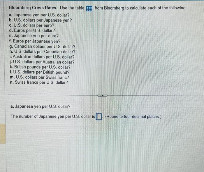 Solved Bloomberg Cross Rates. Use the table from Bloomberg | Chegg.com