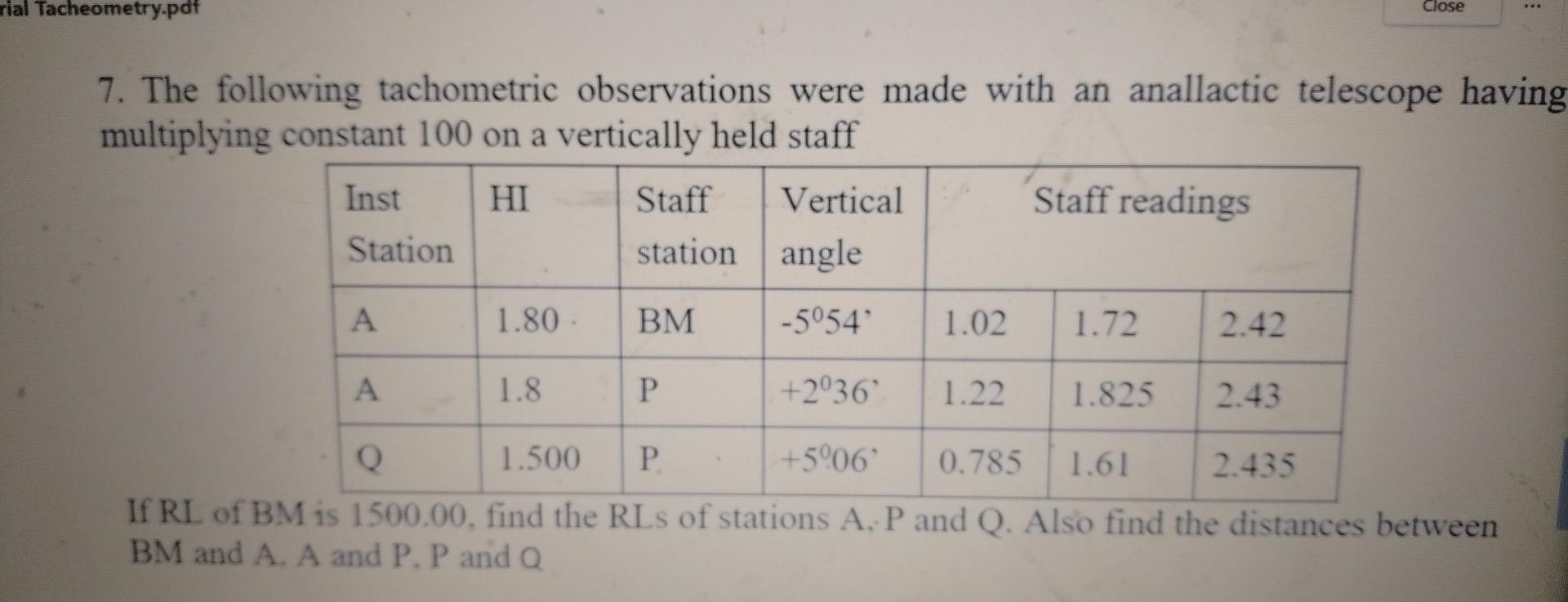 Solved rial Tacheometry.pdf Close . 7. The following | Chegg.com
