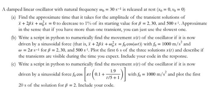 Solved A damped linear oscillator with natural frequency | Chegg.com