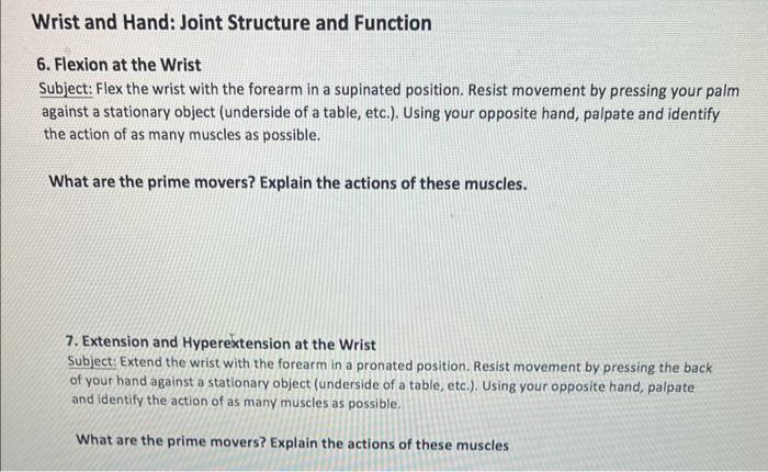 Solved Wrist and Hand: Joint Structure and Function 6. | Chegg.com