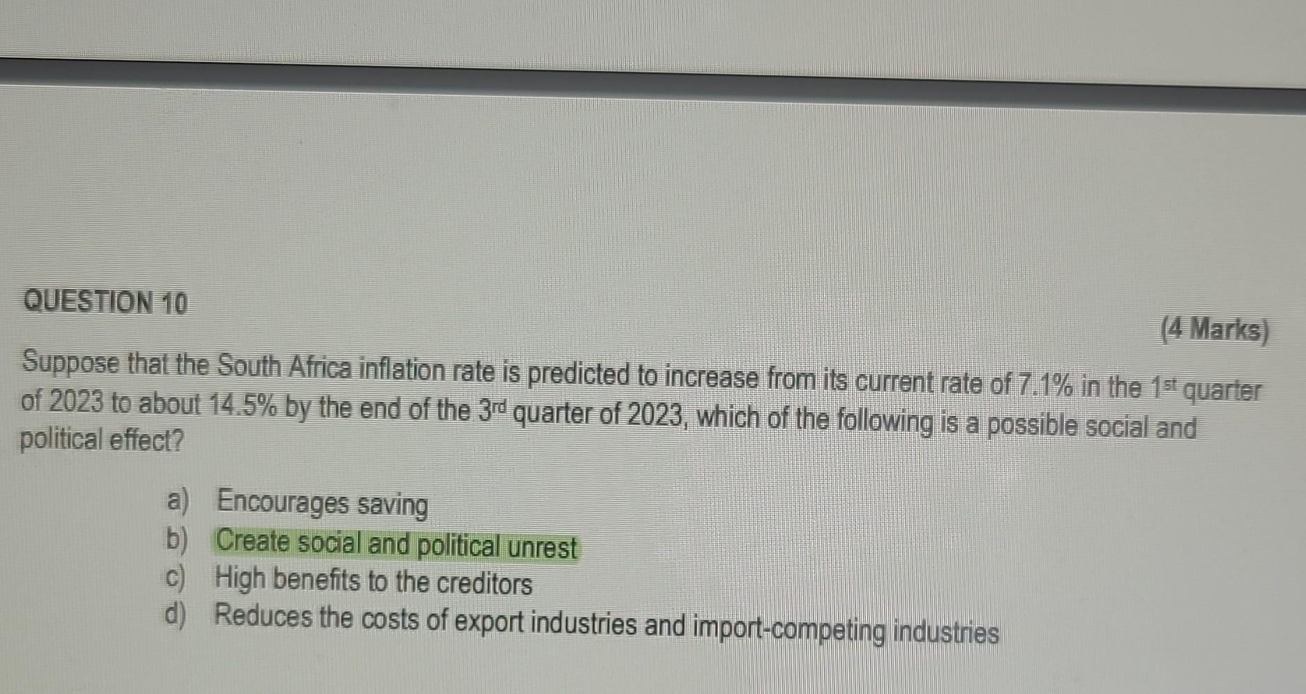 Solved OUESTION 10 (4 Marks) Suppose that the South Africa | Chegg.com Solved OUESTION 10 (4 Marks) Suppose that the South Africa | Chegg.com