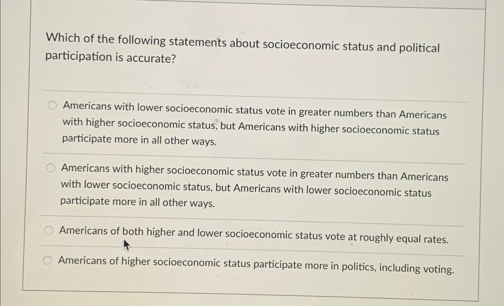 Solved Which of the following statements about socioeconomic | Chegg.com
