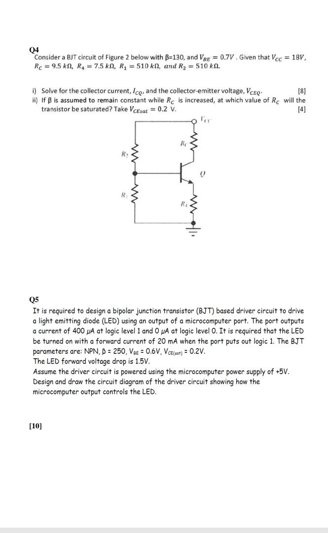 Solved Q4 Consider a BJT circuit of Figure 2 below with | Chegg.com