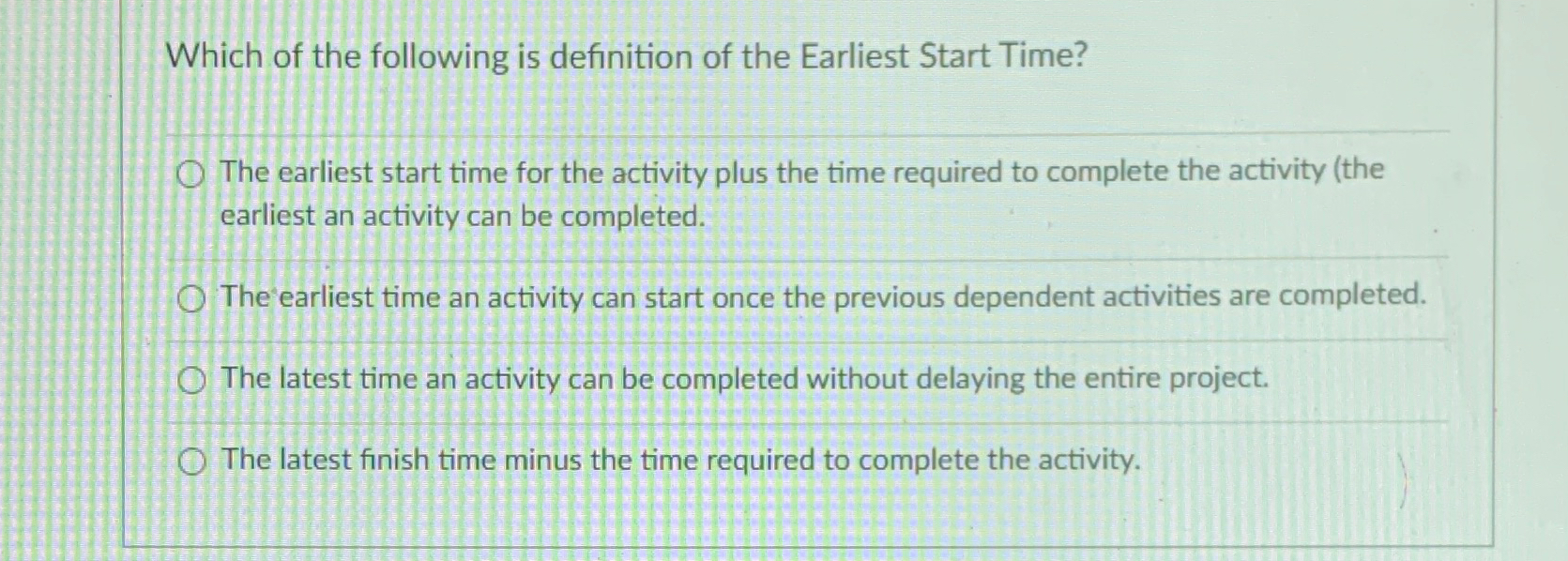Solved Which of the following is definition of the Earliest | Chegg.com