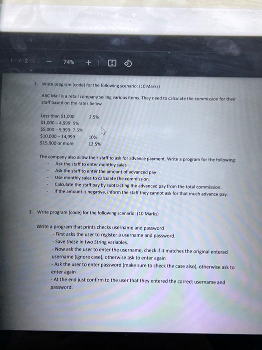 Solved 74% 2. Write program (code) for the following | Chegg.com