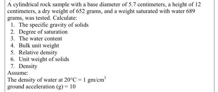 Solved A cylindrical rock sample with a base diameter of 5.7 | Chegg.com
