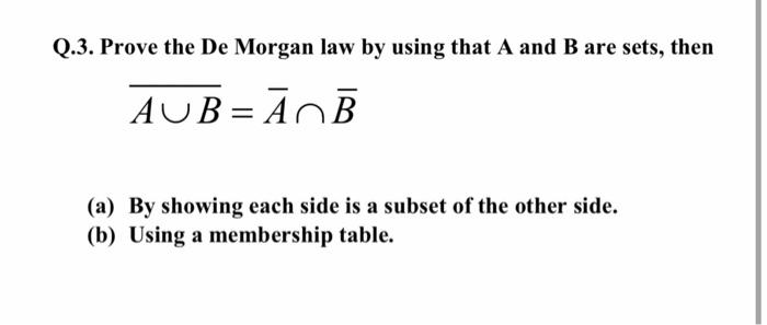 Solved Q.3. Prove the De Morgan law by using that A and B | Chegg.com