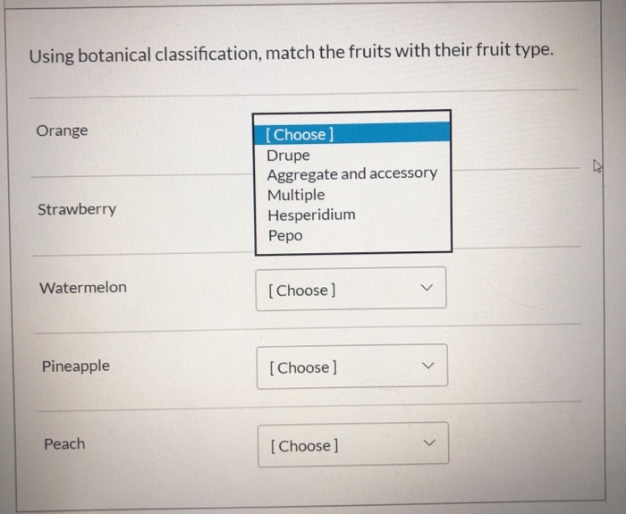 Solved Using botanical classification, match the fruits with | Chegg.com
