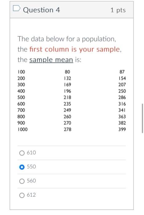 Solved Question 4 1pts The data below for a population, the | Chegg.com