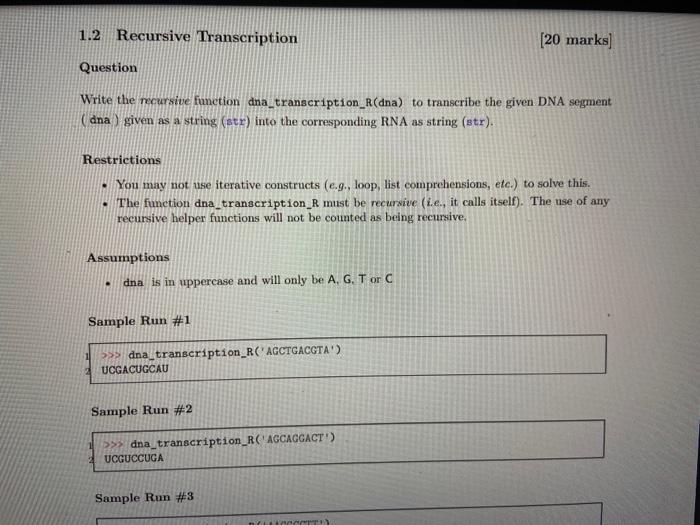 Solved Question 1: DNA Transcription Deoxyribonucleic acid | Chegg.com