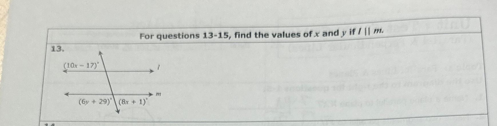 Solved stions 13-15, ﻿find the values of x ﻿and y ﻿if t||m. | Chegg.com