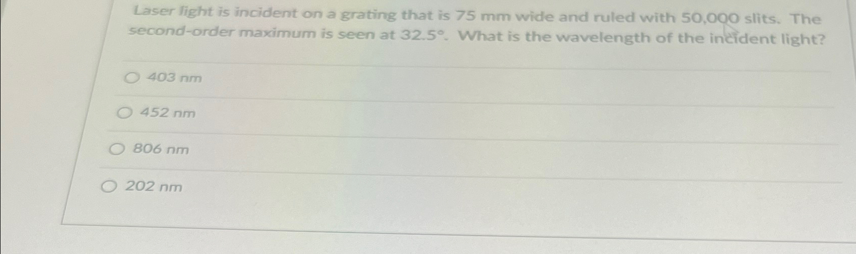 Solved Laser light is incident on a grating that is 75mm | Chegg.com