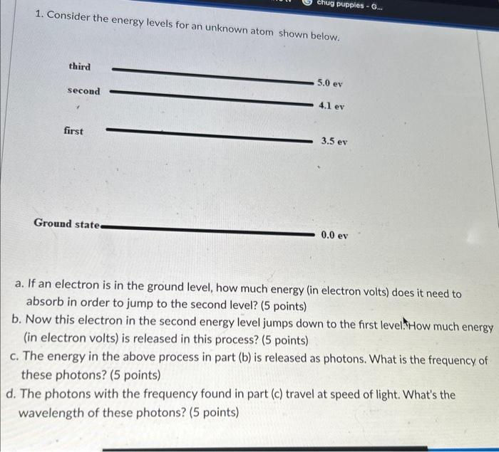 Solved 1. Consider the energy levels for an unknown atom | Chegg.com