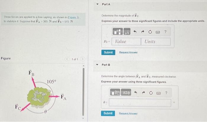 Solved Three forces are applied to a tree saphing, as shown | Chegg.com