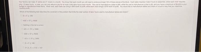 Solved Your factory can make X tables and Y chairs in a | Chegg.com