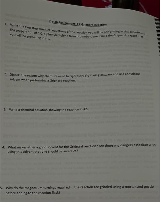 Solved Prelab Assignment: E2 Grignard Reaction 1. Write the | Chegg.com