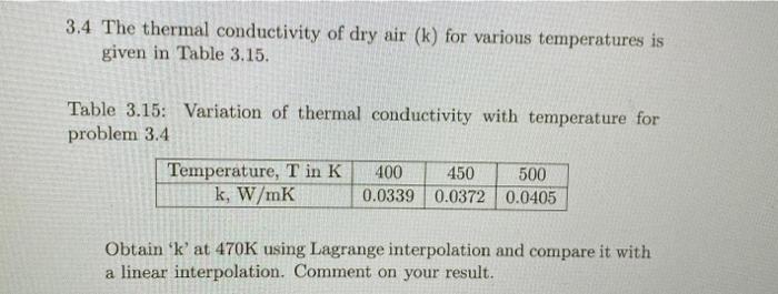 Solved 3.4 The thermal conductivity of dry air ( k ) for | Chegg.com