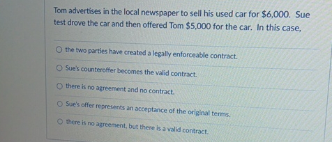 Solved Tom advertises in the local newspaper to sell his | Chegg.com