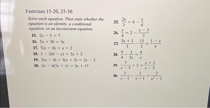 Solved Exercises 15−20,25−30 Solve each equation. Then state | Chegg.com