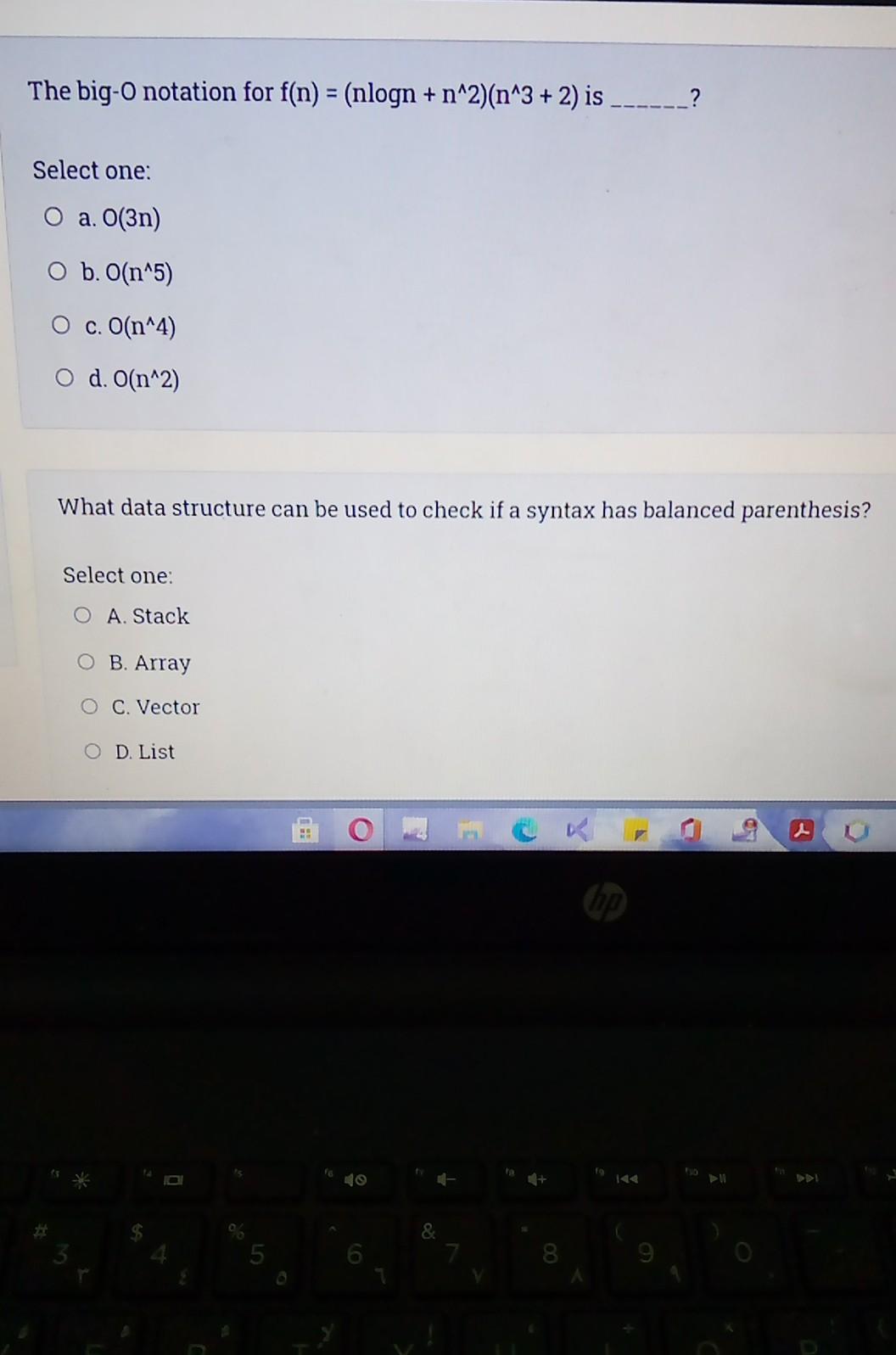 Solved The big-O notation for f(n) = (nlogn + n^2)(n^3+2) is | Chegg.com