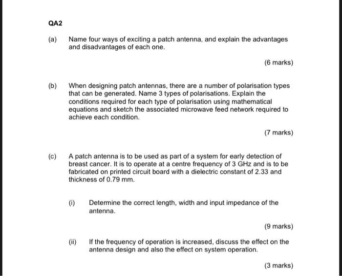 Solved QA2 (a) Name four ways of exciting a patch antenna, | Chegg.com