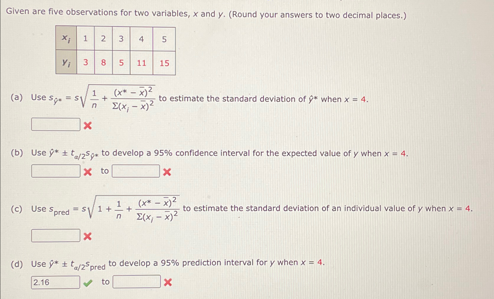 Solved Given are five observations for two variables, x ﻿and | Chegg.com