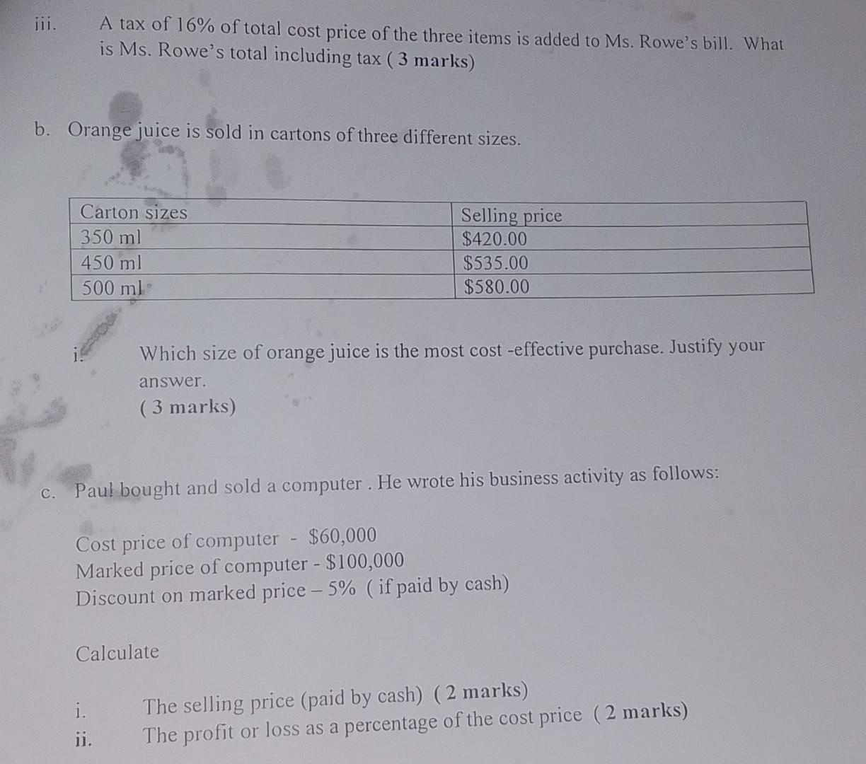 Solved a. The table below shows a shopping bill prepared for | Chegg.com