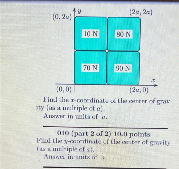 Solved y (2a, 2a) (0,2a) 10 N 80 N 70 N 90 N T (0,0) (2a, 0) | Chegg.com