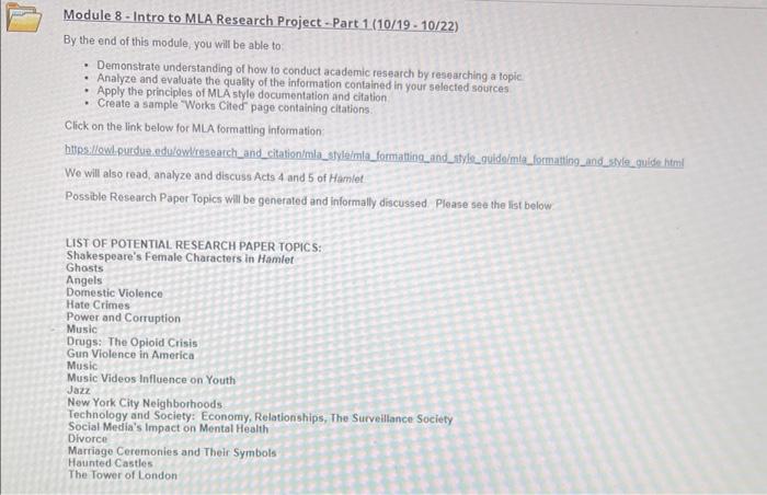 Module 8 - Intro to MLA Research Project-Part 1 | Chegg.com