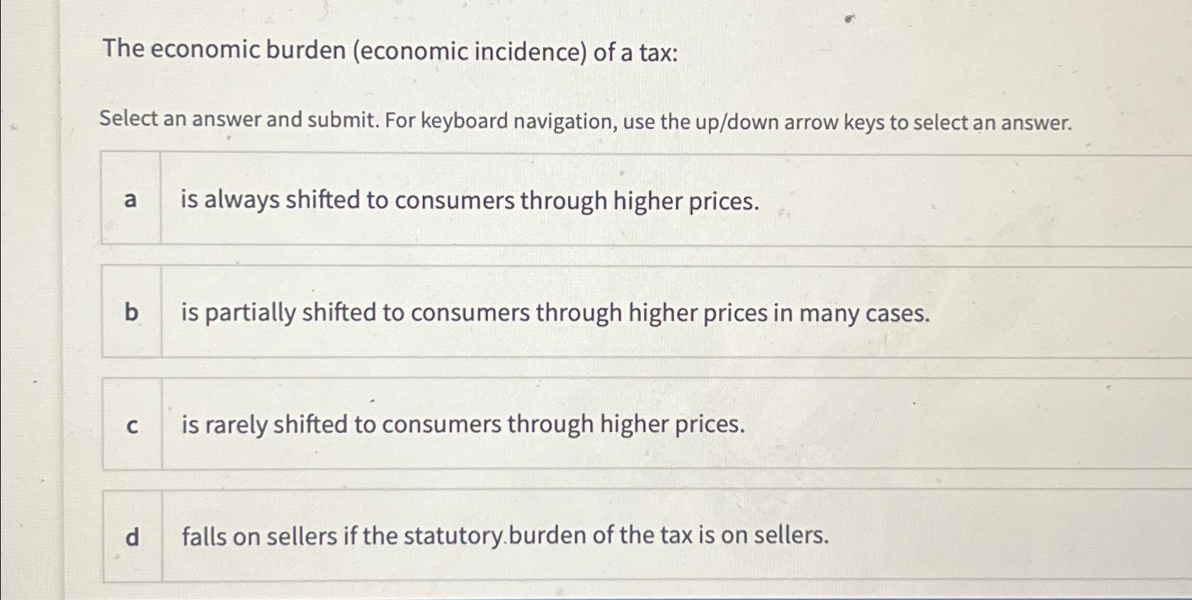 Solved The economic burden (economic incidence) ﻿of a | Chegg.com