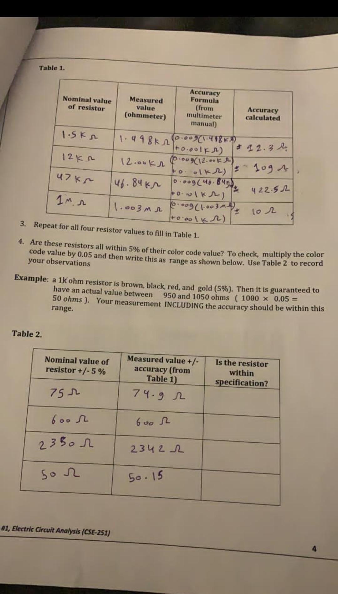 Solved Table 1. Nominal value of resistor Measured value | Chegg.com
