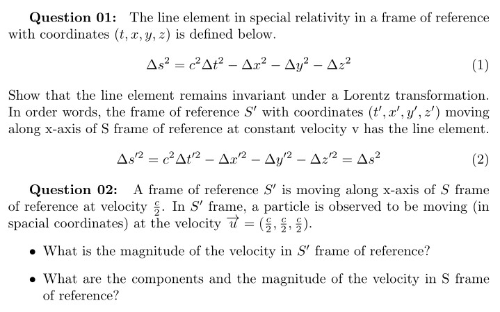 Solved Question 01: The line element in special relativity | Chegg.com
