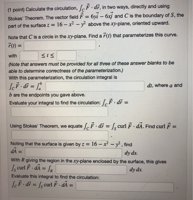 Solved (1 point) Calculate the circulation, Sc. dr, in two | Chegg.com