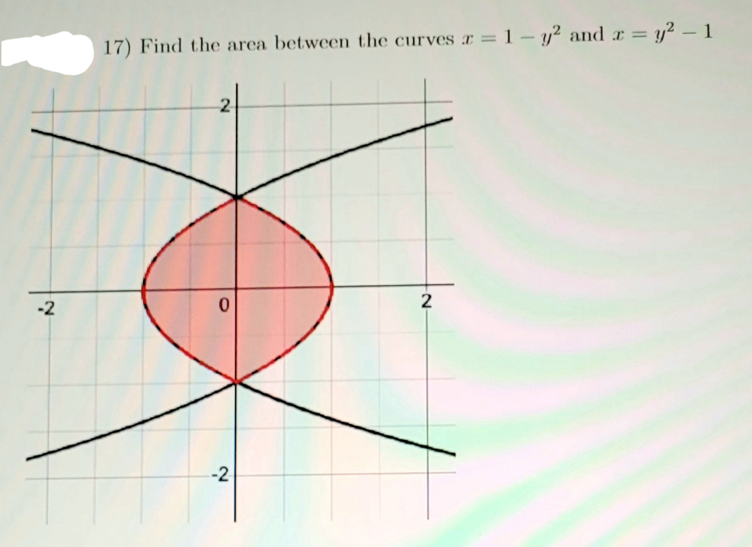 Solved 17) Find the area between the curves x=1−y2 and | Chegg.com