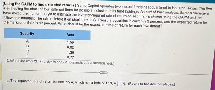 Solved (Using the CAPM to find expected returns) Sante | Chegg.com