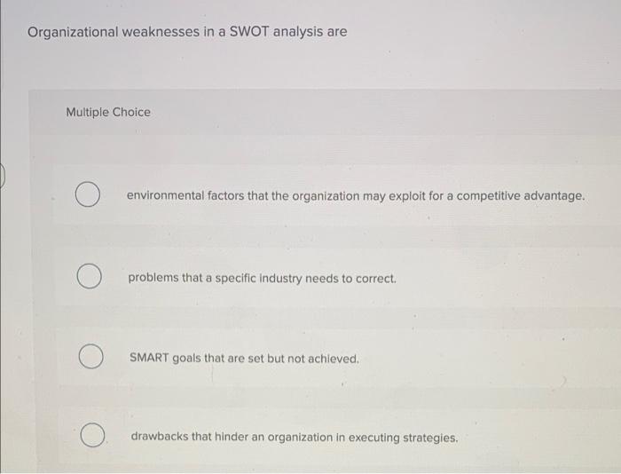 Solved Organizational weaknesses in a SWOT analysis are | Chegg.com