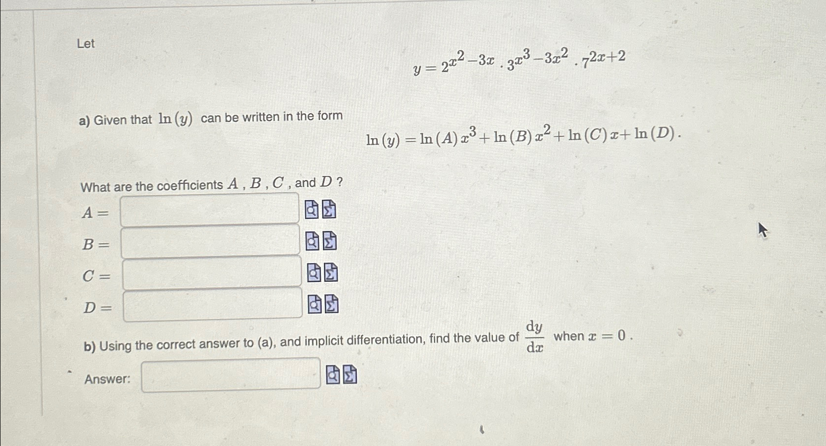 Solved Lety=2x2-3x*3x3-3x2*72x+2a) ﻿Given that ln(y) ﻿can be | Chegg.com