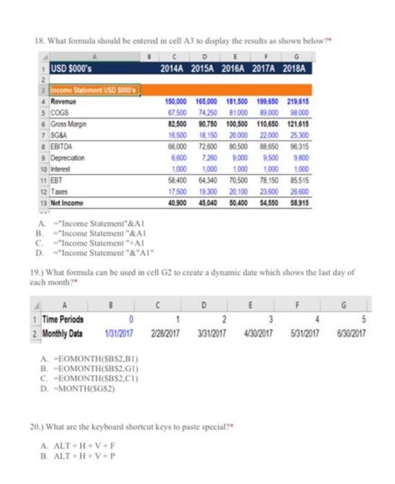 Solved 18. What formula should be entered in cell A3 to | Chegg.com