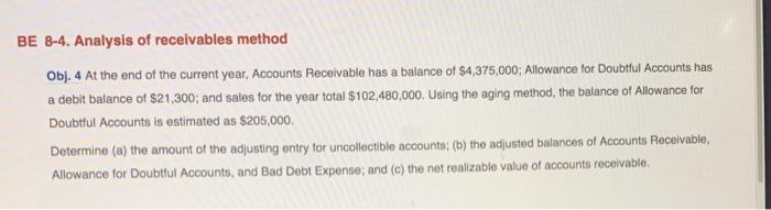 Solved BE 8-4. Analysis of receivables method Obj. 4 At the | Chegg.com