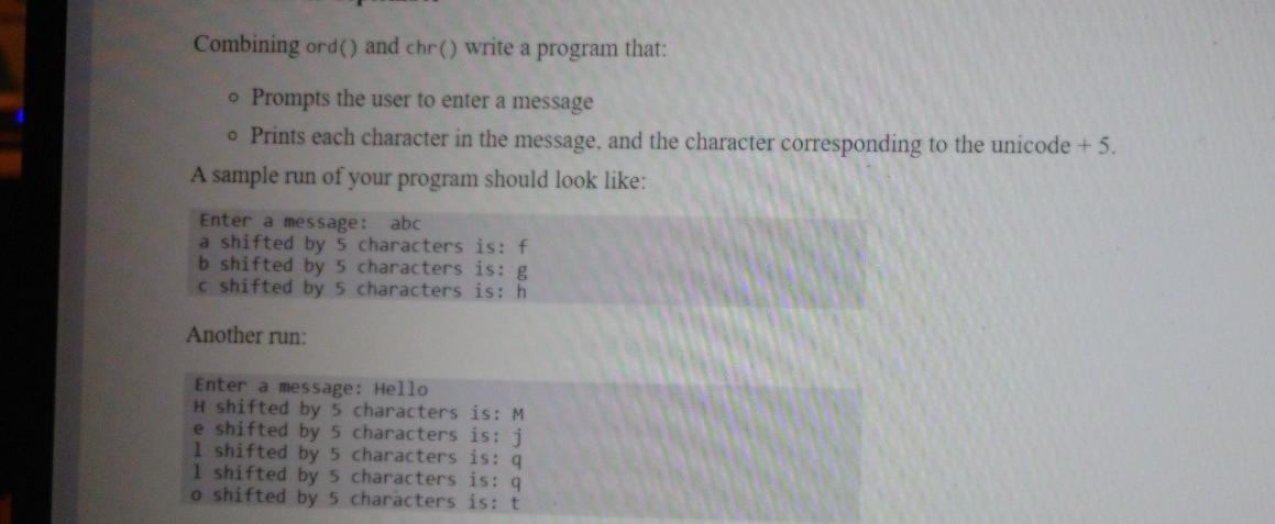 Solved Combining Ord And Chr Write A Program That O