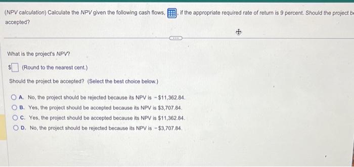 Solved (NPV calculation) Calculate the NPV given the | Chegg.com
