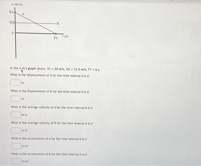 Solved In the v vs t graph above, v1=25 m/s,V2=12.5 m/s,T1=6 | Chegg.com