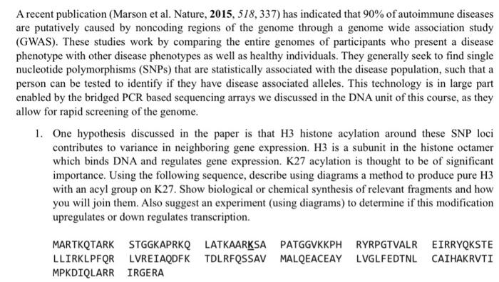Solved A recent publication (Marson et al. Nature, | Chegg.com
