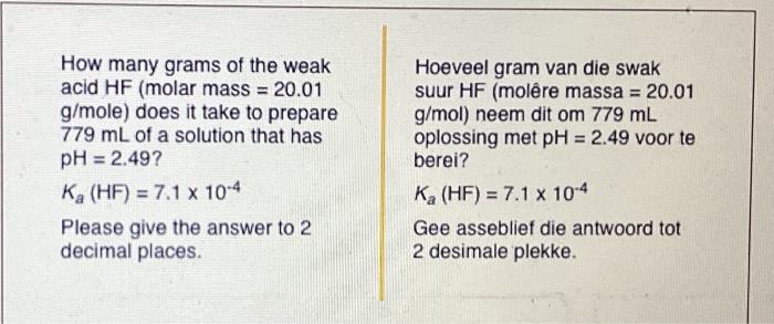 Solved How many grams of the weak acid HF (molar mass \\( | Chegg.com