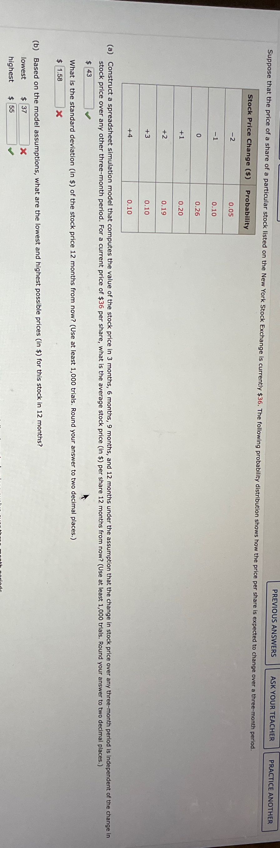 Solved PREVIOUS ANSWERS\table[[Stock Price Change | Chegg.com