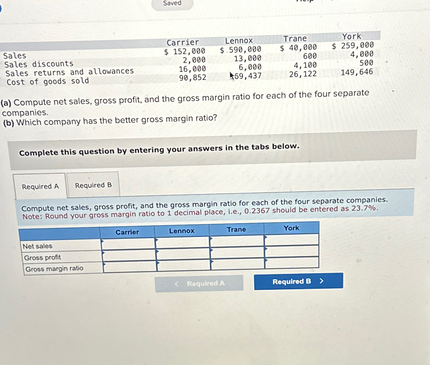 Solved \table[[,Carrier,Lennox,Trane,York],[Sales,$152,000,$ | Chegg.com