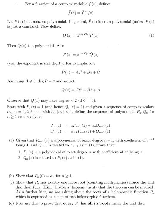 Solved For a function of a complex variable \\( f(z) \\), | Chegg.com