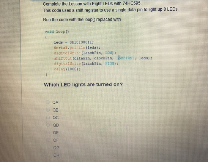 Solved Complete the Lesson with Eight LEDs with 74HC595. | Chegg.com