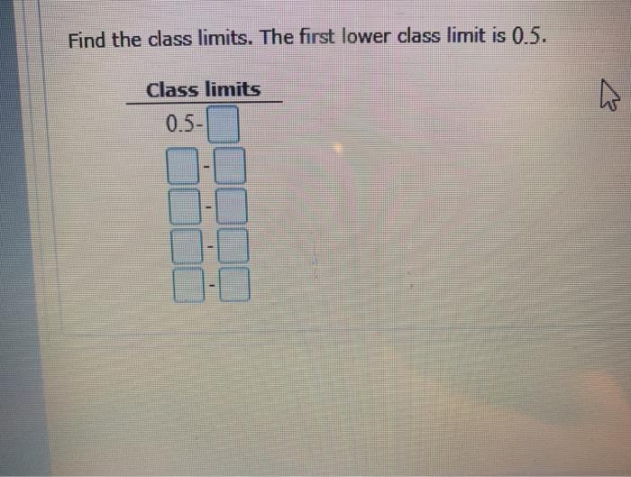Solved Find the class limits. The first lower class limit is | Chegg.com
