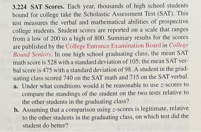Solved 3.224 SAT Scores. Each year, thousands of high school | Chegg.com